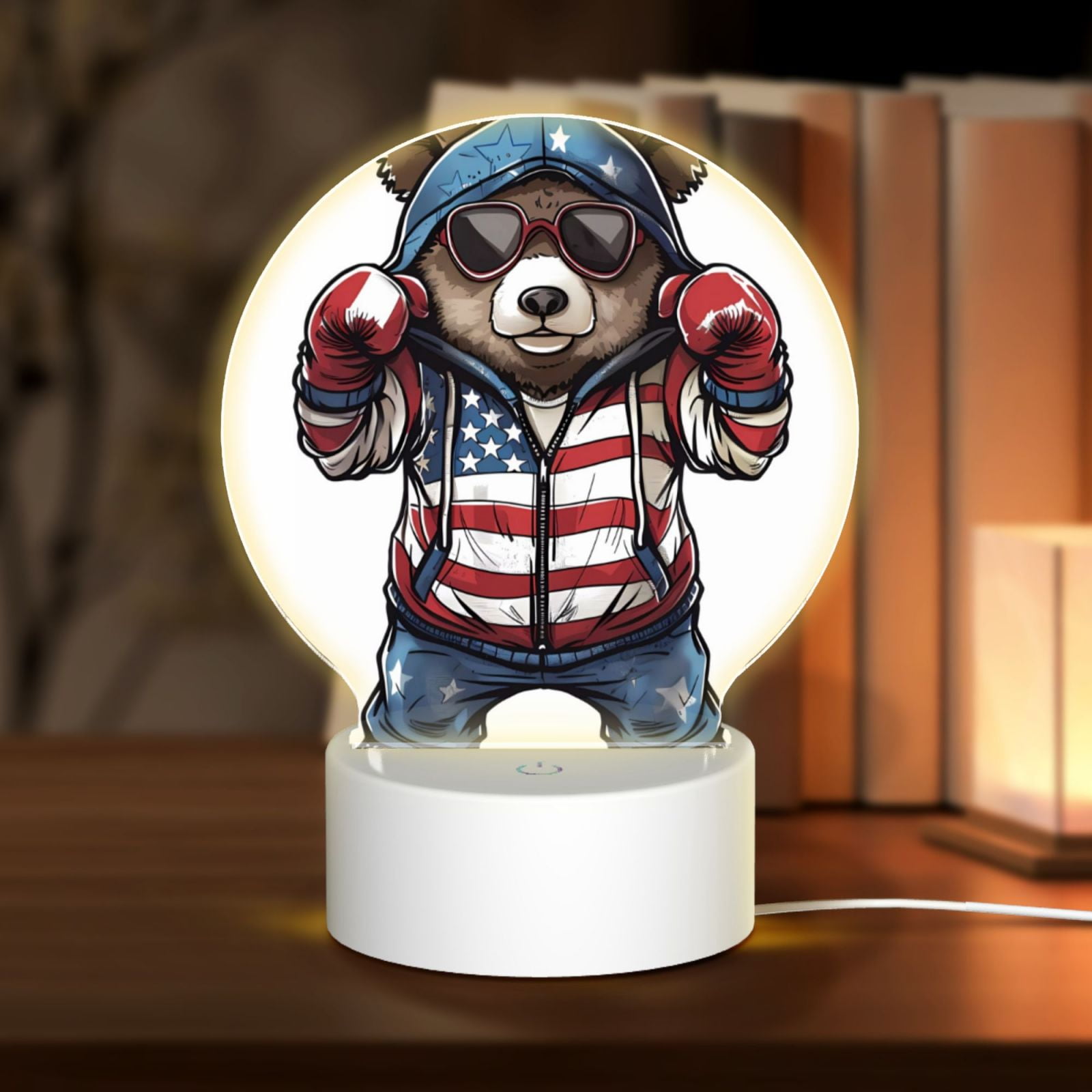 Salouo Patriotic Boxing Bear Art for Round Acrylic Night Light ...