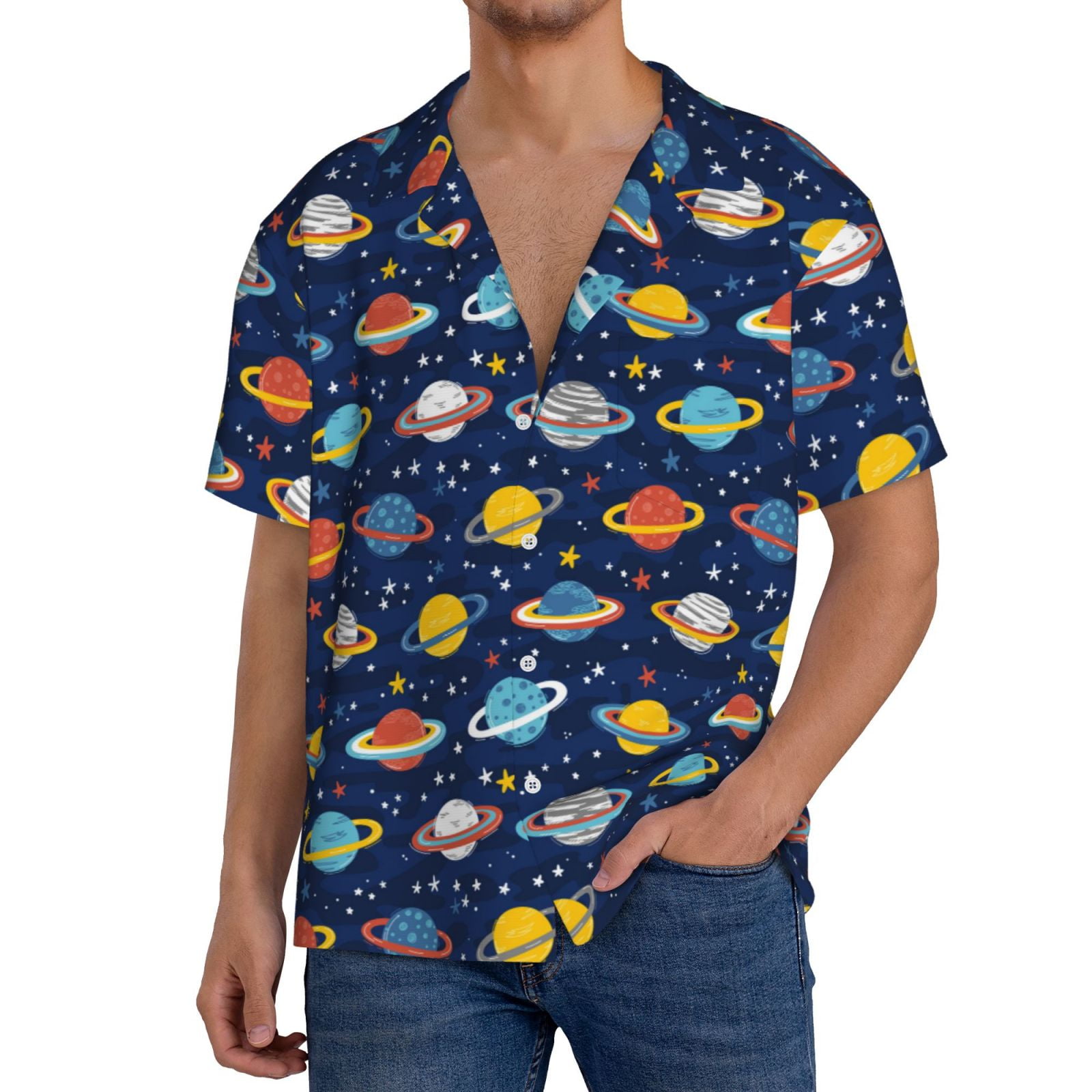Salouo Planets And Stars Pattern Cuban Collar Shirts for Men Button ...
