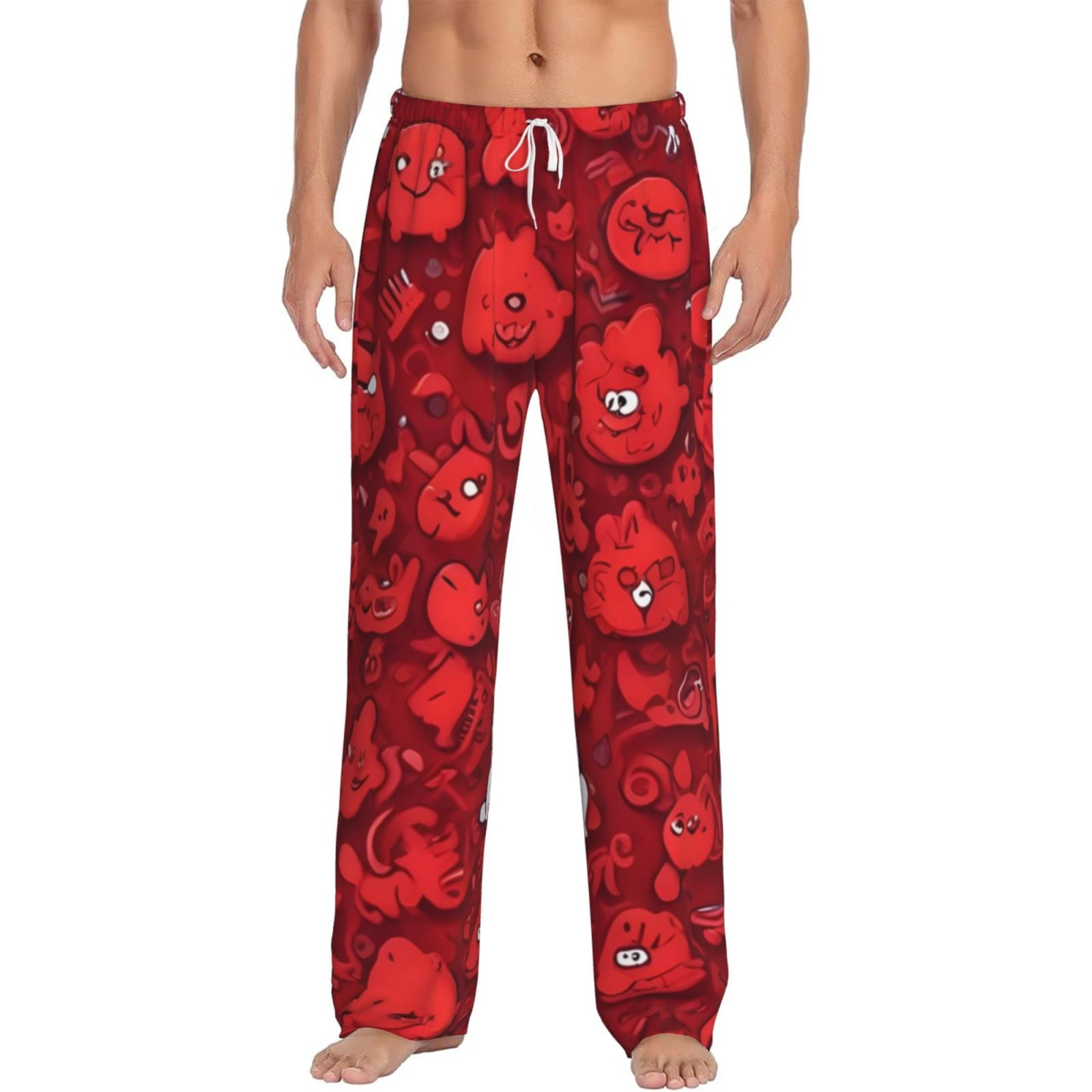 Salouo Playful Red Cartoon Faces Print Pajama Pants for Men, Lounge ...