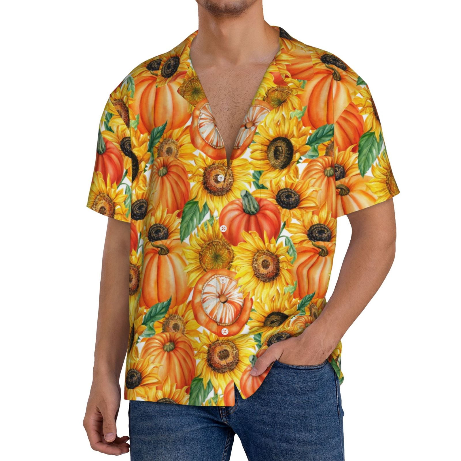 Salouo Pumpkins And Sunflowers Pattern Cuban Collar Shirts for Men ...