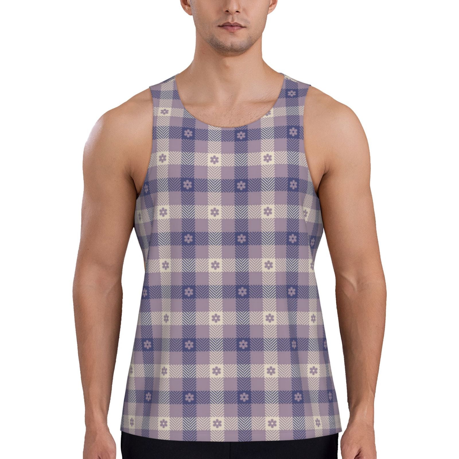 Salouo Purple Floral Gingham Check Plaid for Men's Tank Tops,Sleeveless ...