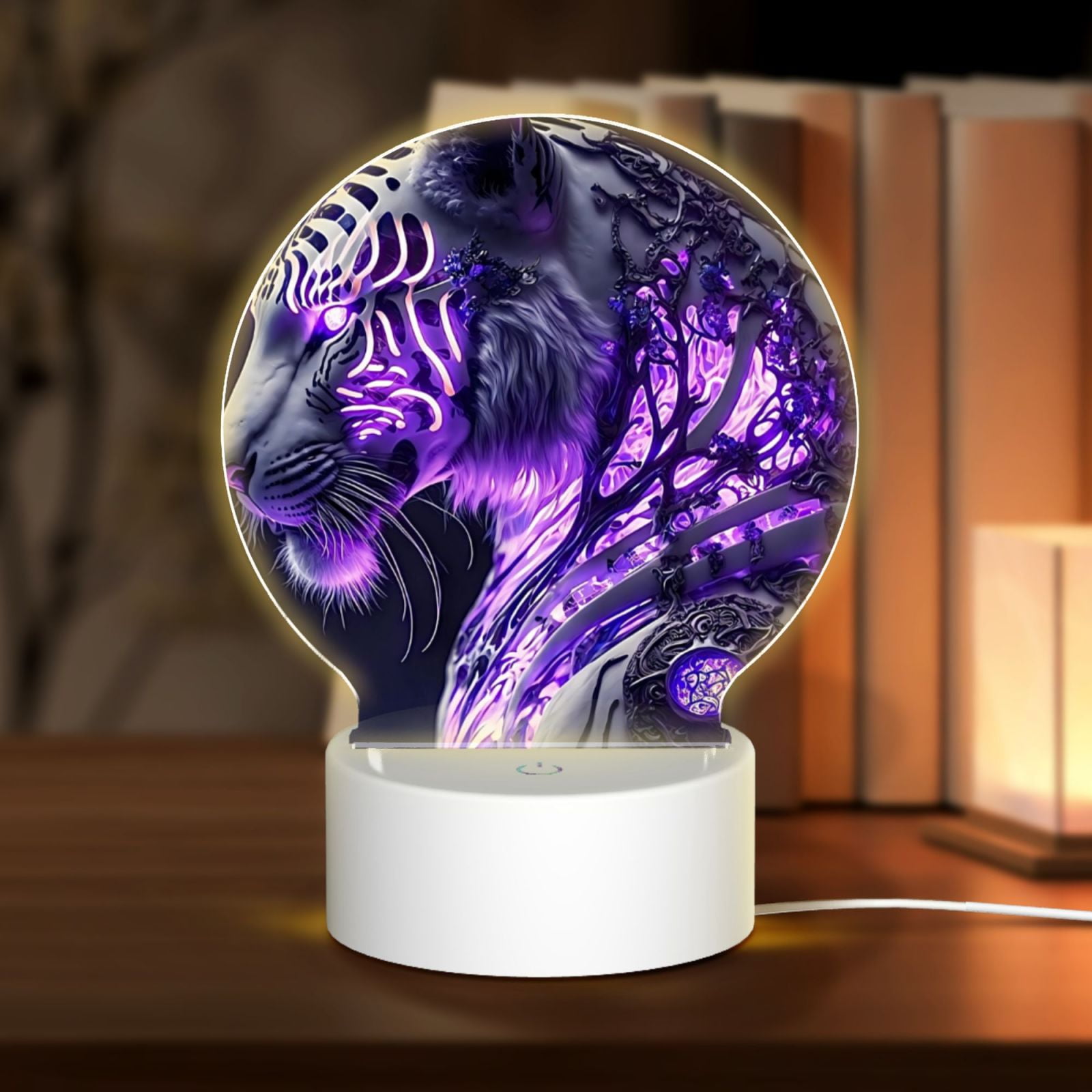 Salouo Purple Pattern White Tiger for Round Acrylic Night Light ...
