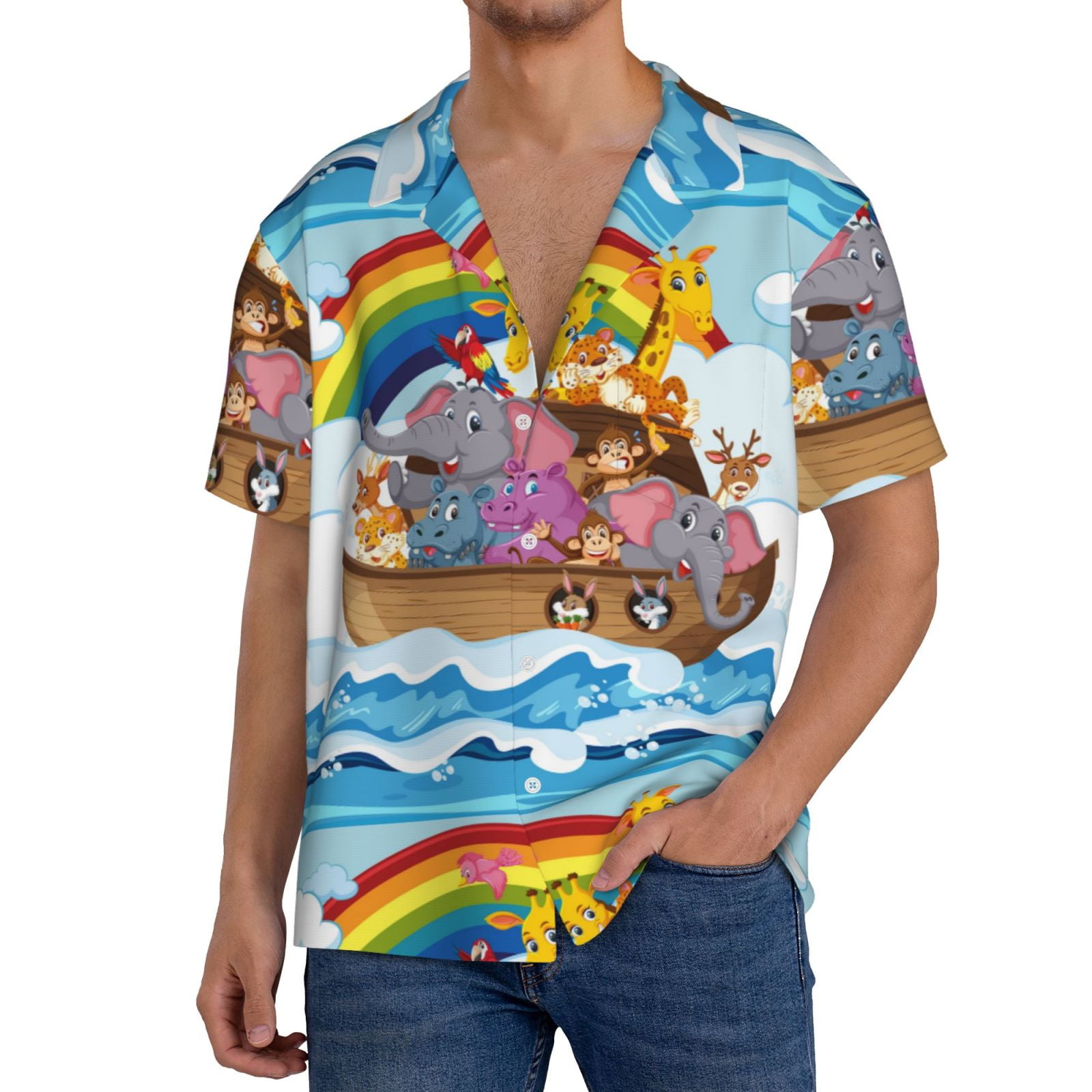 Salouo Rainbow Animals on Noah's Ark Pattern Cuban Collar Shirts for ...