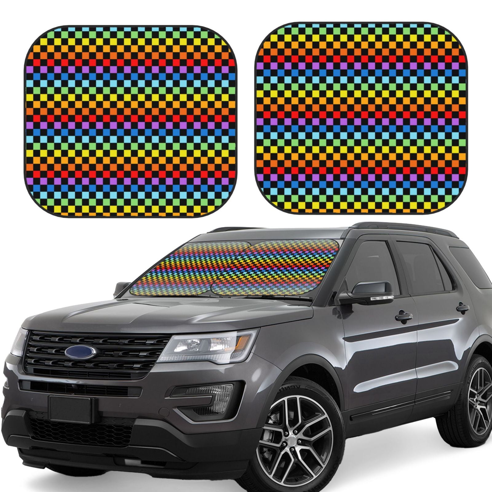 Salouo Rainbow Chequerboard Pattern Car Windshield Sun Shade Foldable ...