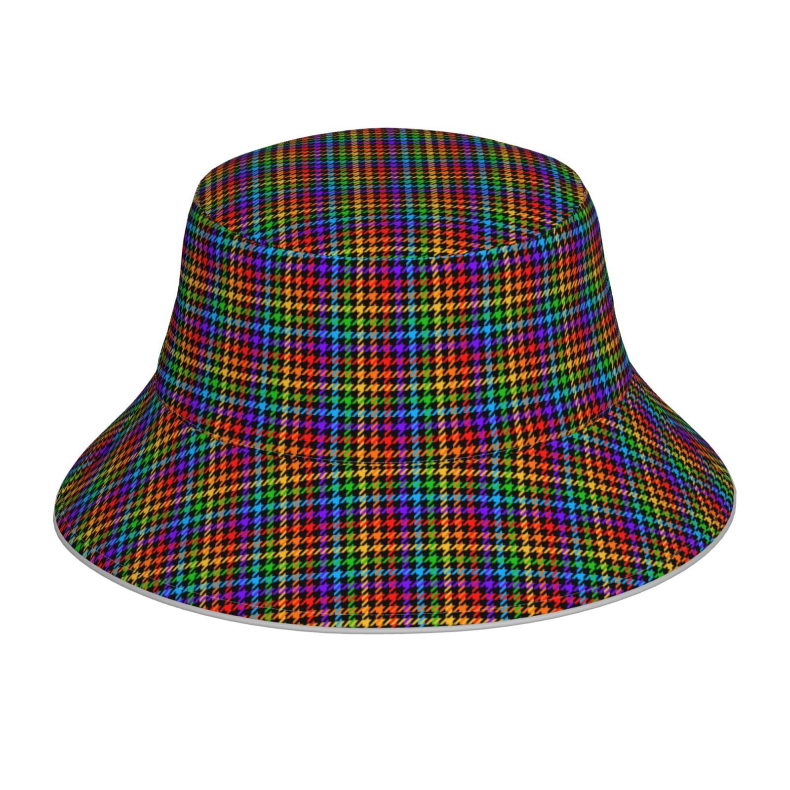 Salouo Rainbow Houndstooth Print Unisex Bucket Hat, Outdoor Summer ...