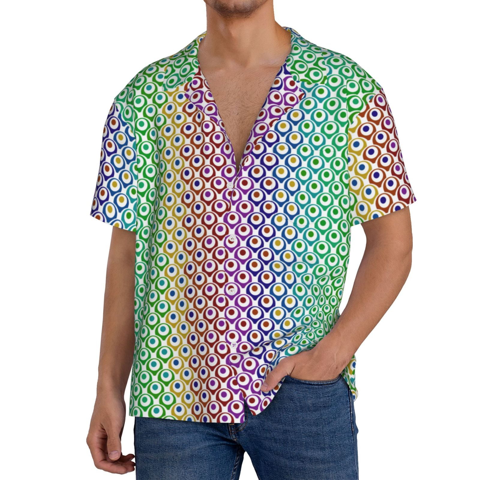 Salouo Rainbow Peacock Feathers Pattern Cuban Collar Shirts for Men ...