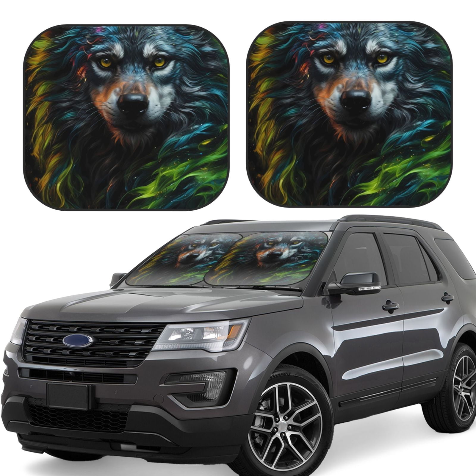 Salouo Realistic Style Green Fur Wolf Pattern Car Windshield Sun Shade ...