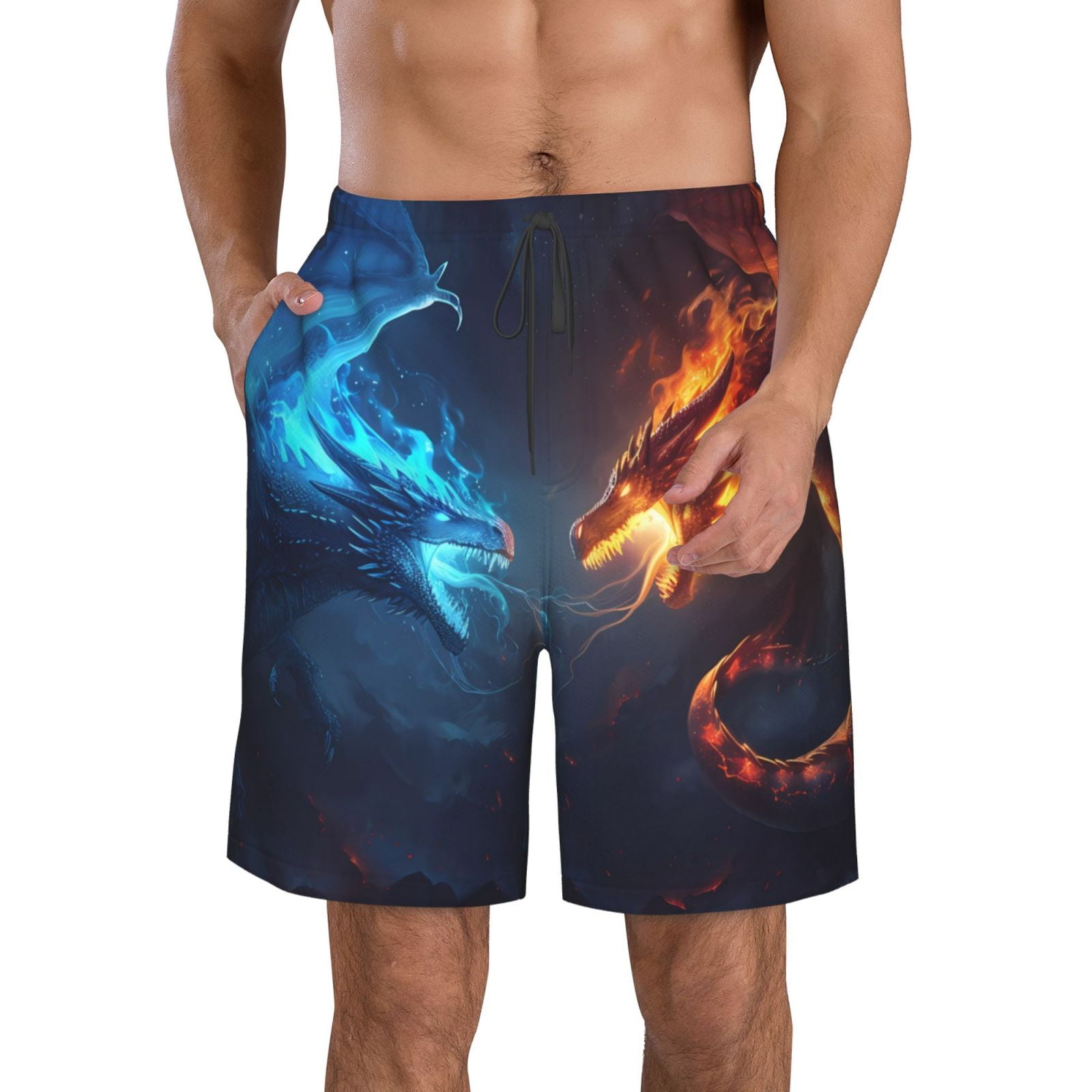 Salouo Red And Blue Fire Dragon C Pattern Swim Trunks for Men,Men's ...