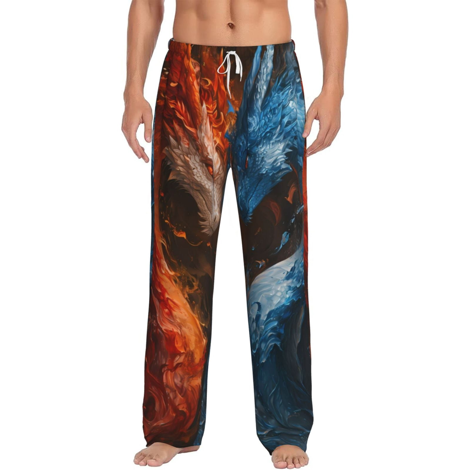 Salouo Red And Blue Fire Dragon F Print Pajama Pants for Men, Lounge ...