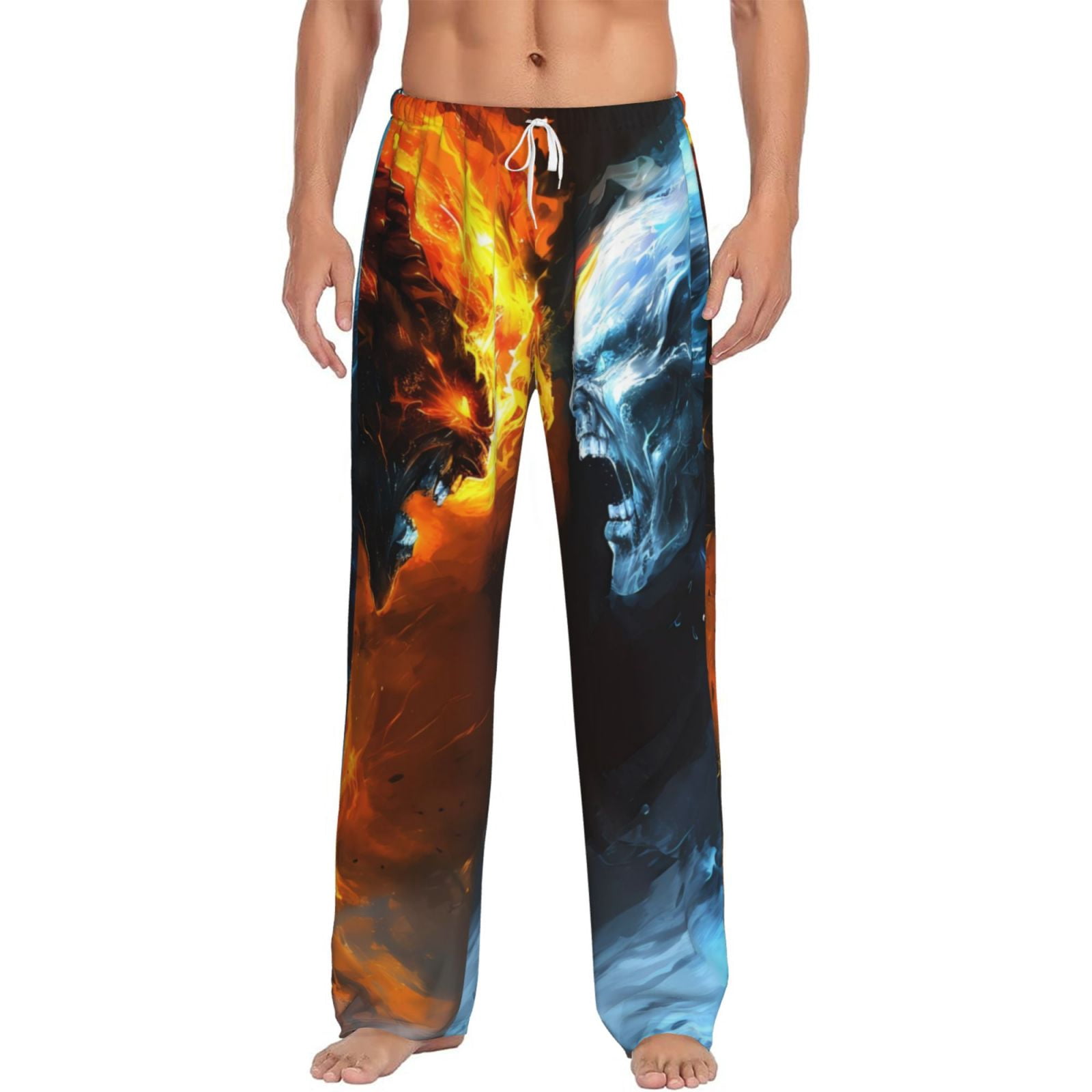 Salouo Red And Blue Fire Skull Warrior Print Pajama Pants for Men ...