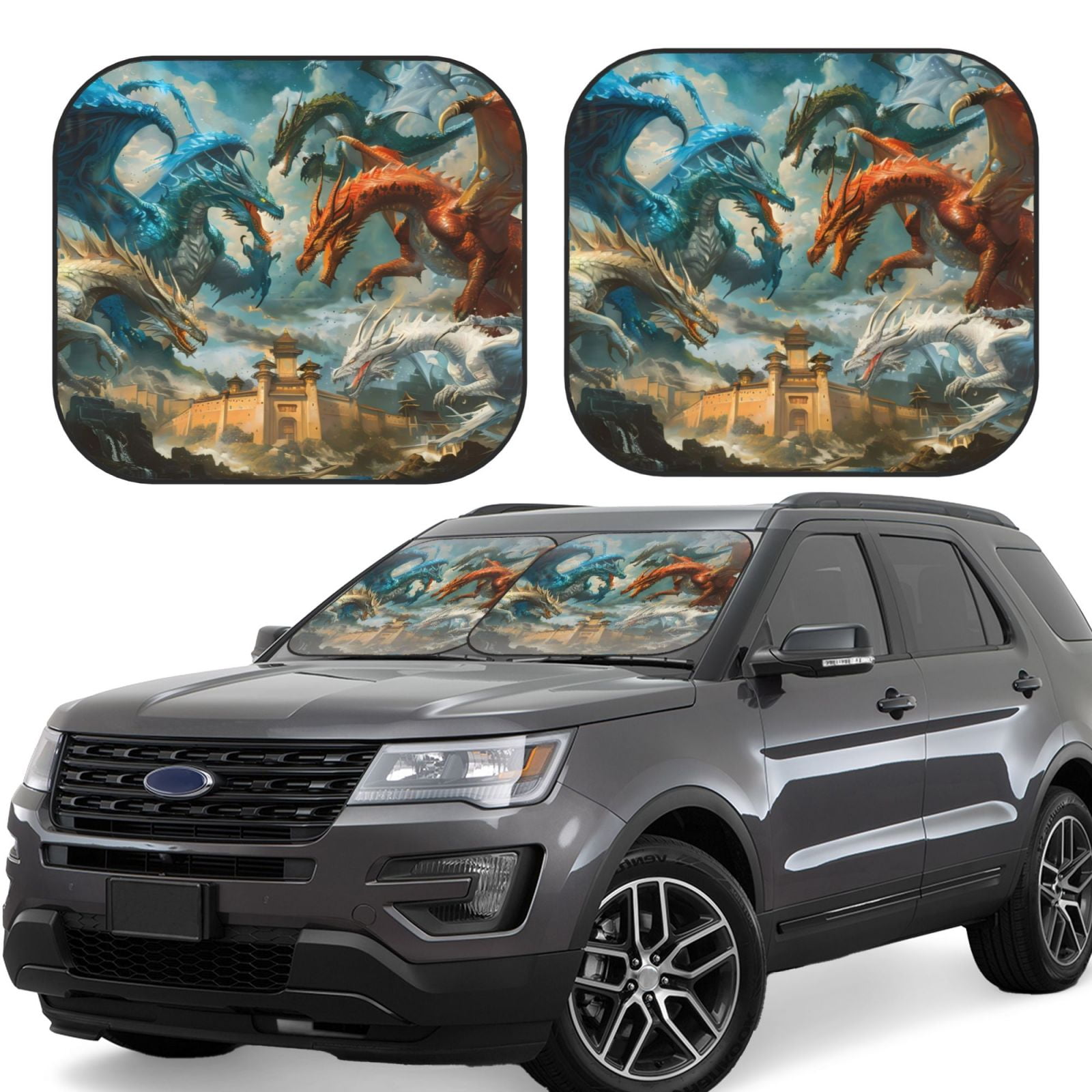 Salouo Red Blue Dragon Battle Epic Pattern Car Windshield Sun Shade ...