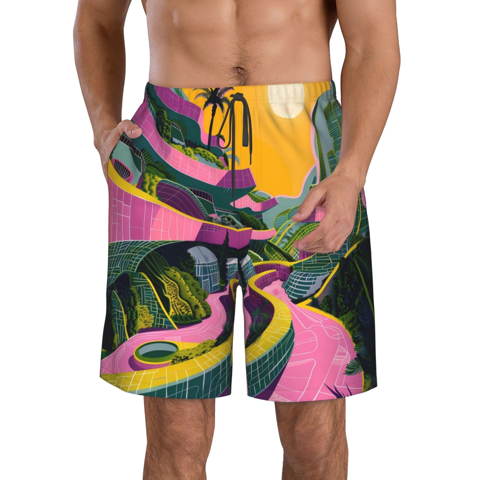 Salouo Retro Futuristic Landscape Pattern Swim Trunks for Men,Men's ...