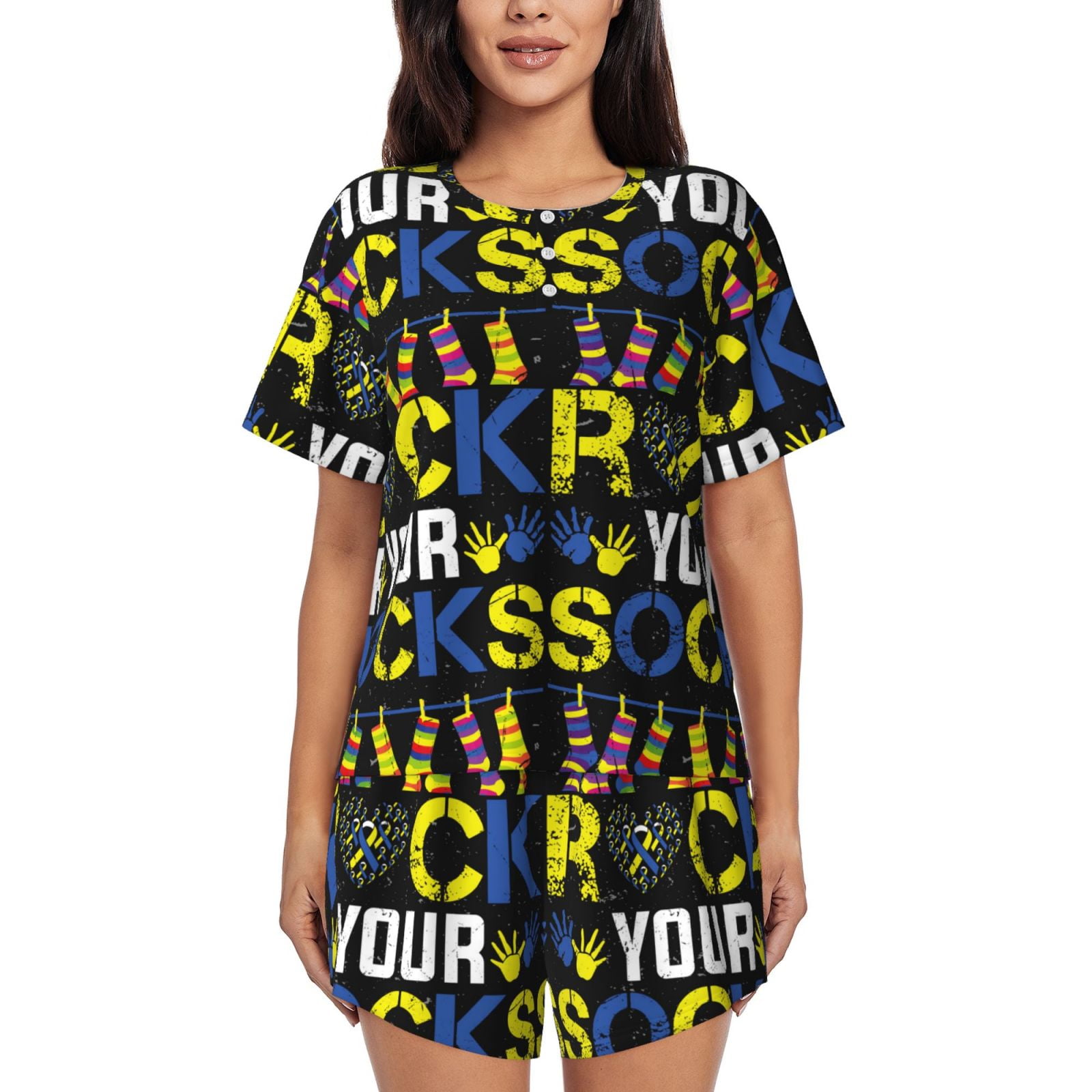 Salouo Rock Your Socks Pattern Short-Sleeved Pajama Set for Women，Round ...