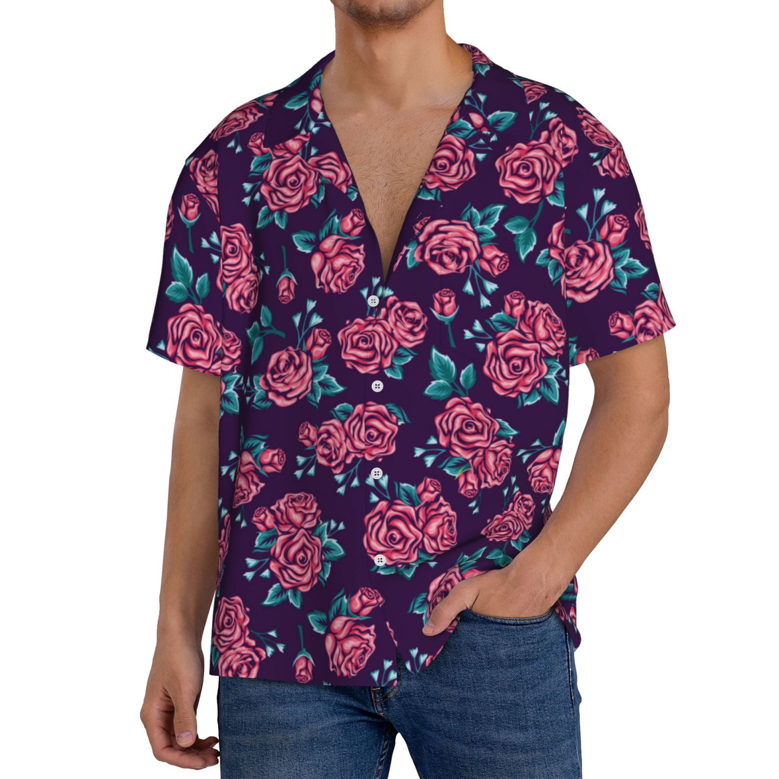 Salouo Rose Flowers Pattern Cuban Collar Shirts for Men Button-Down ...