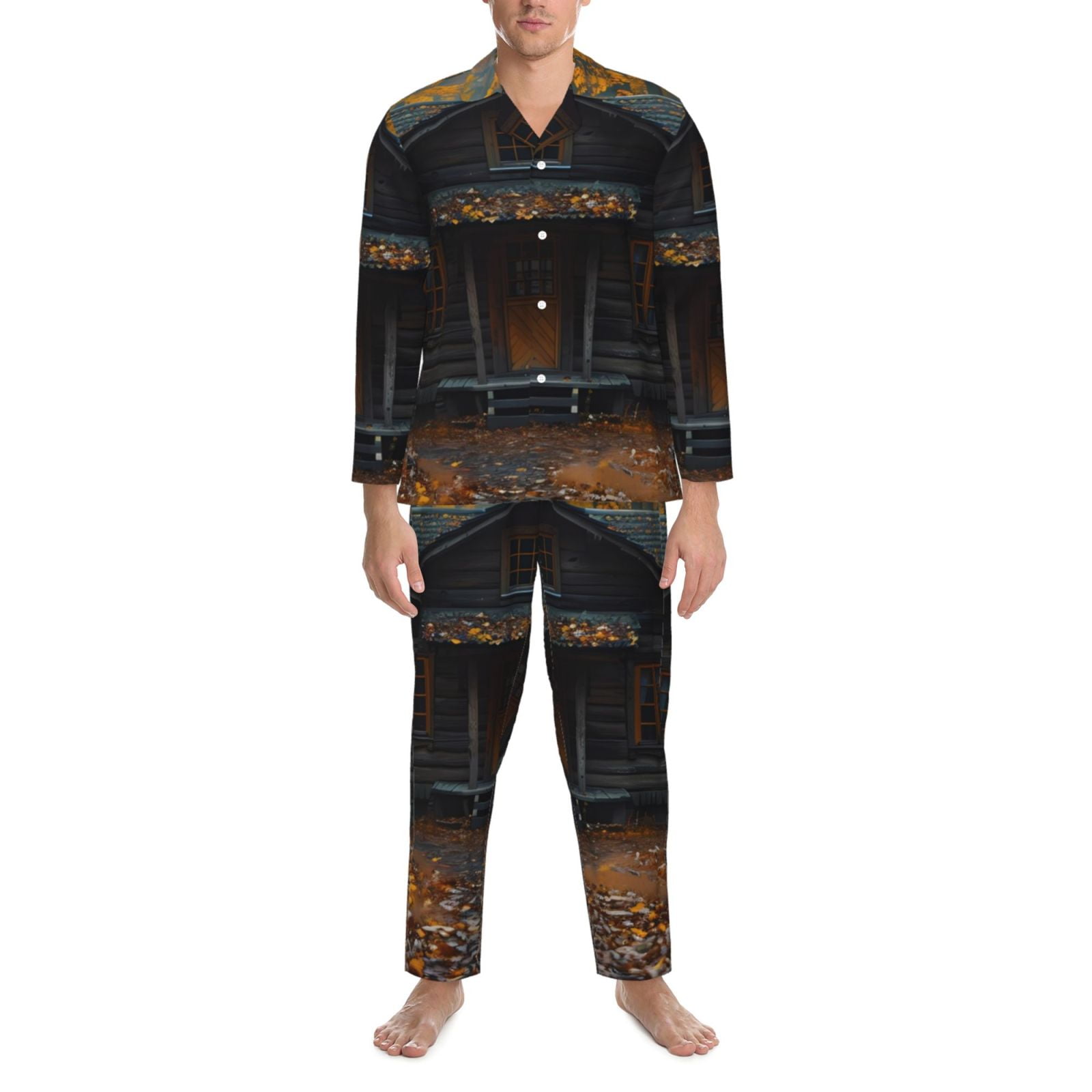 Salouo Rustic Cabin Autumn Forest Print Button-Front Long Sleeve Pajama ...