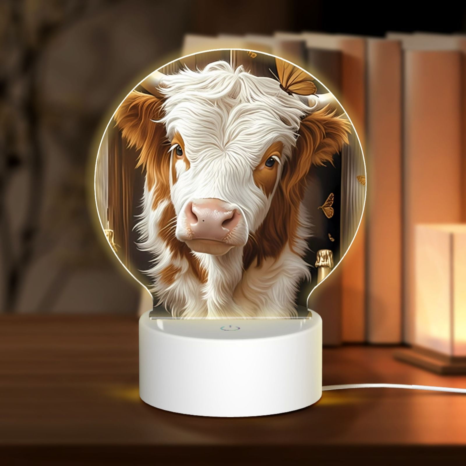 Salouo Rustic Cow Butterflies Champagne for Round Acrylic Night Light ...