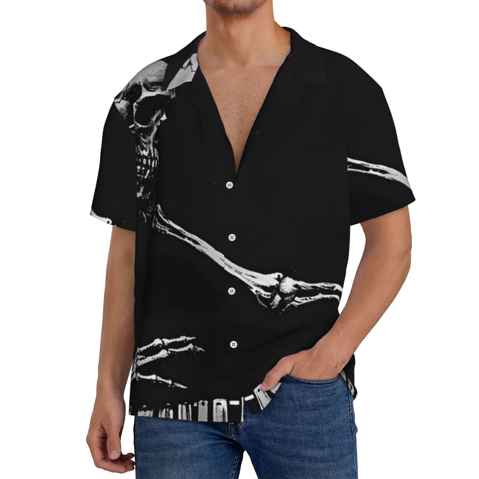 Salouo Skeleton Playing Xylophone Pattern Cuban Collar Shirts for Men ...