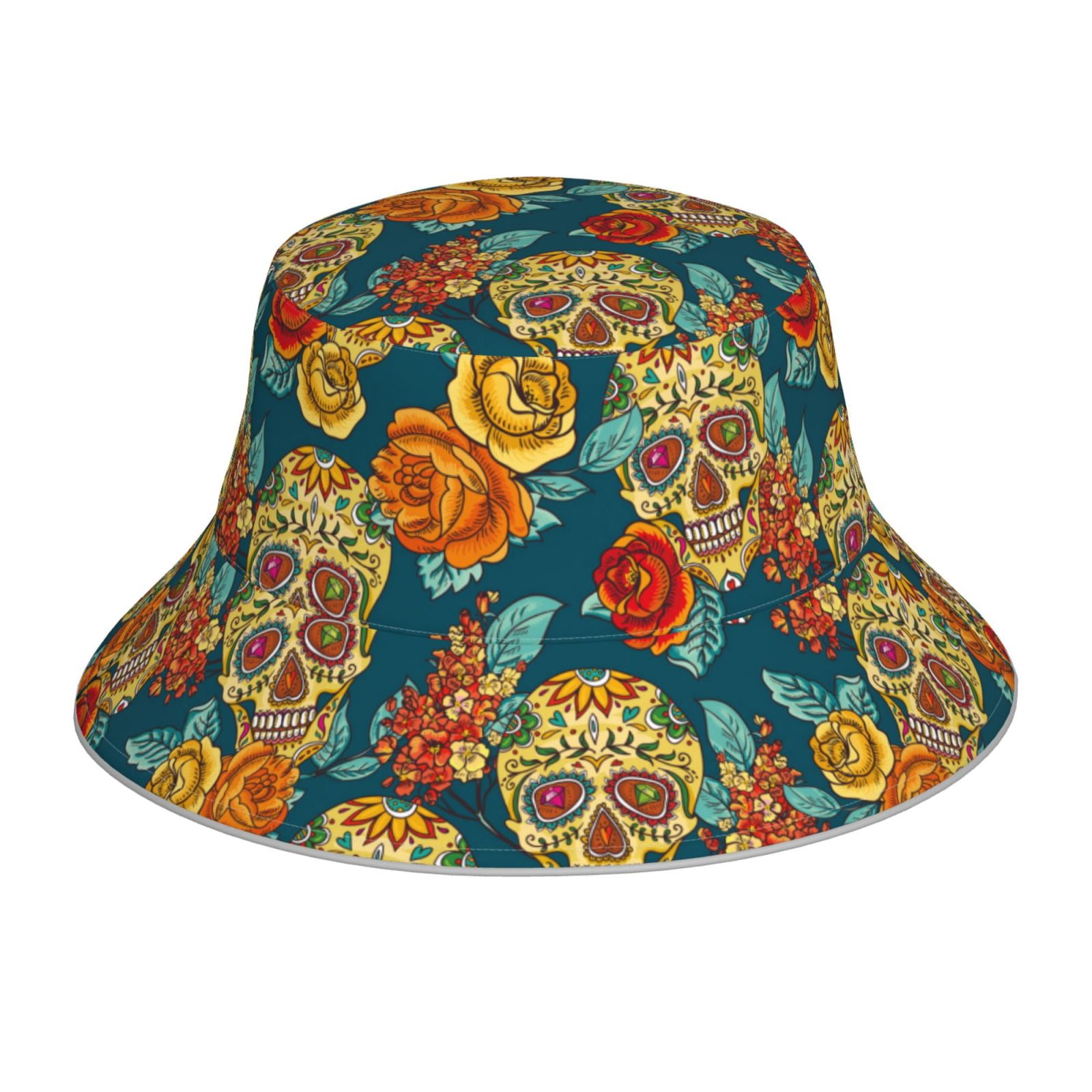 Salouo Skull And Flowers Print Unisex Bucket Hat, Outdoor Summer Beach ...