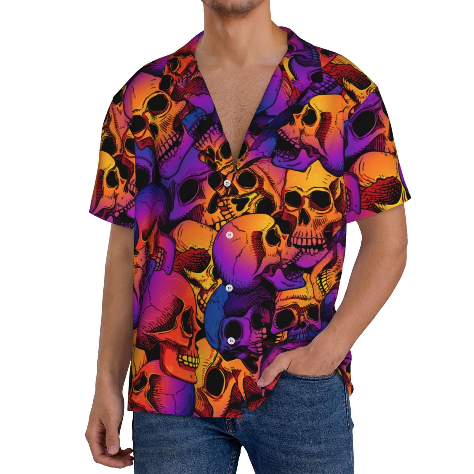Salouo Skull Pattern Cuban Collar Shirts for Men Button-Down Shirt Men ...
