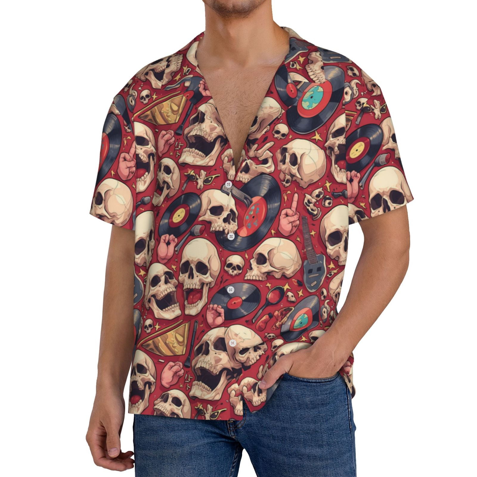 Salouo Skull record Guitar music Pattern Cuban Collar Shirts for Men ...