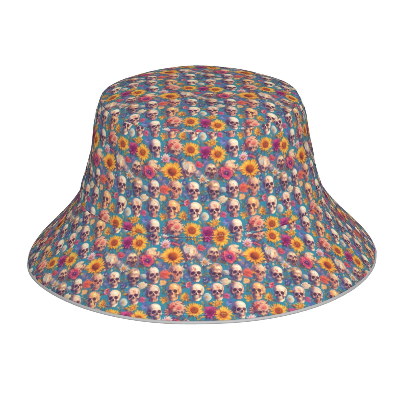 Salouo Skull sunflower daisy Print Unisex Bucket Hat, Outdoor Summer ...
