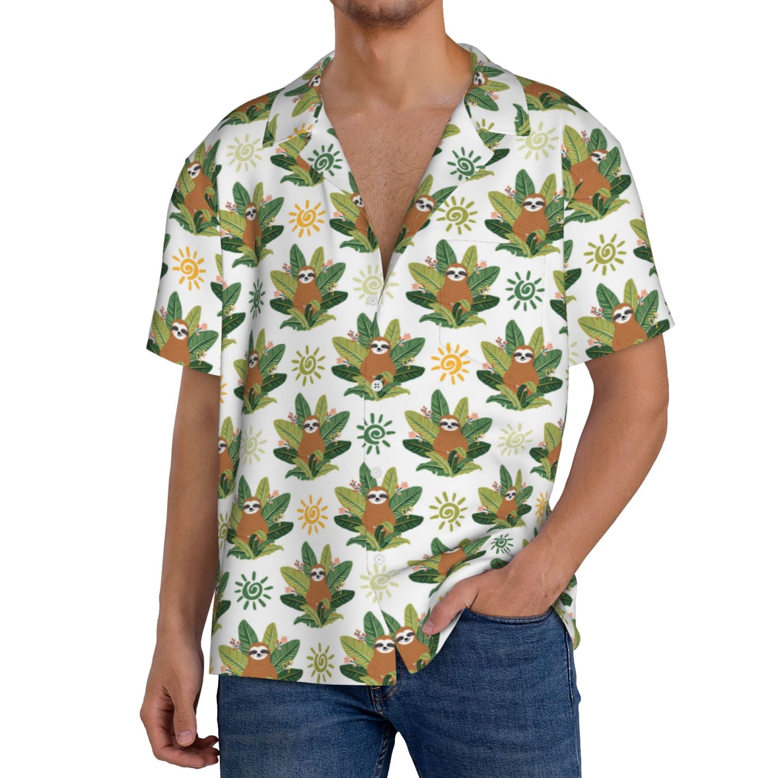 Salouo Sloth Sitting Tropical Leaves Pattern Cuban Collar Shirts for ...