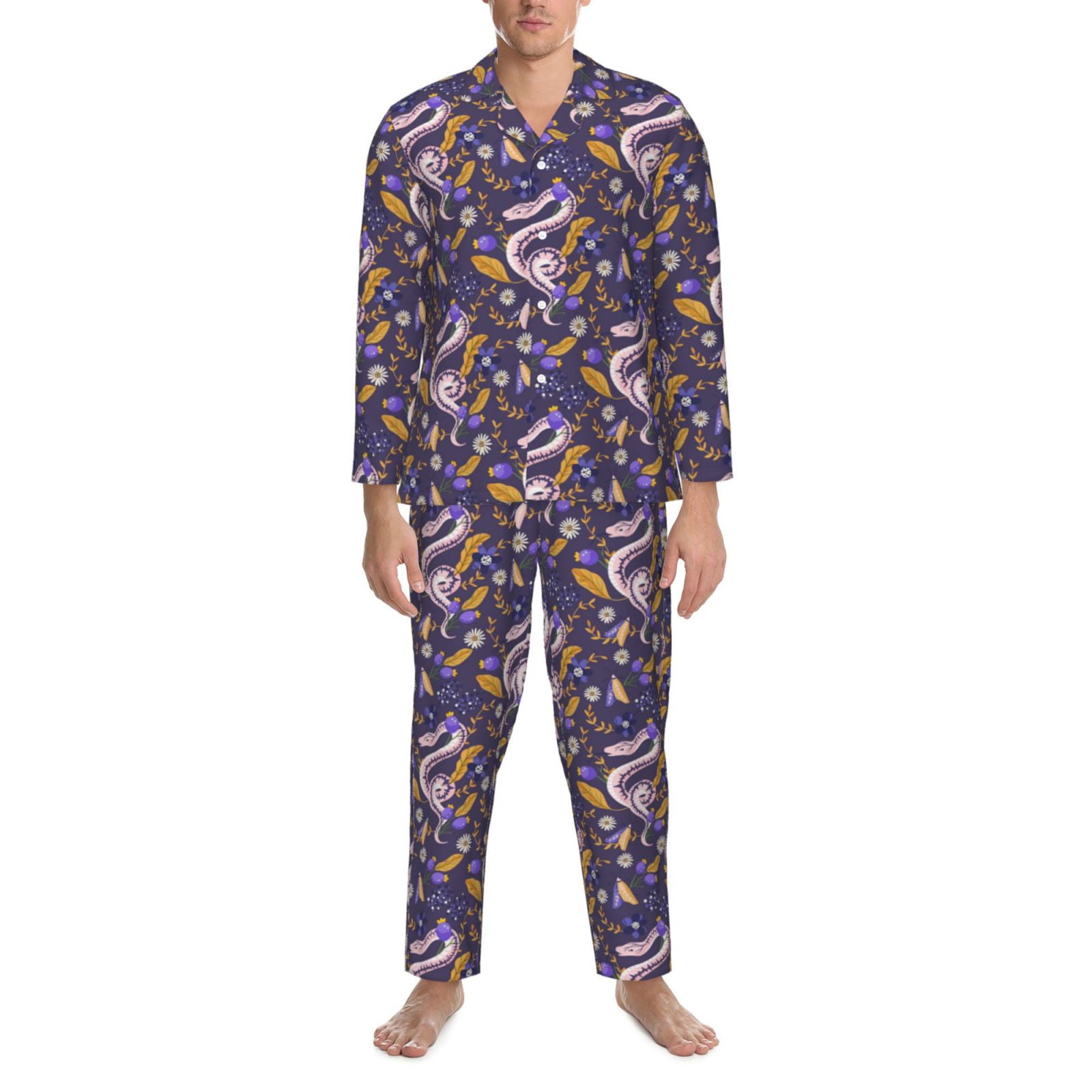 Salouo Snake And Floral Print Button-Front Long Sleeve Pajama Set for ...
