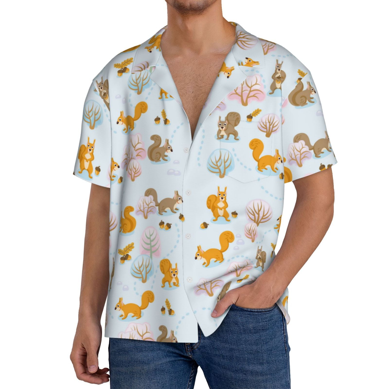 Salouo Squirrel In The Forest Pattern Cuban Collar Shirts for Men ...