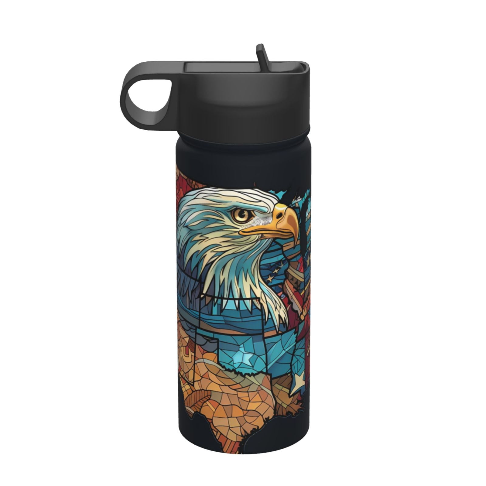 Salouo Stained Glass Eagle USA Pattern 18 oz Water Bottle With Straw ...