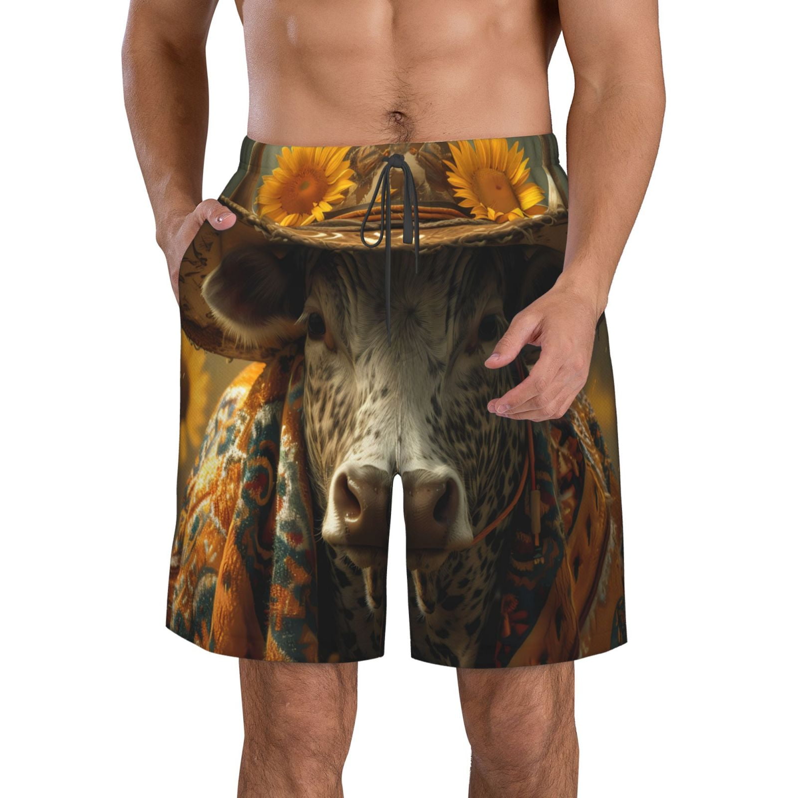 Salouo Sunflower Cowboy Hat Cow Pattern Swim Trunks for Men,Men's ...