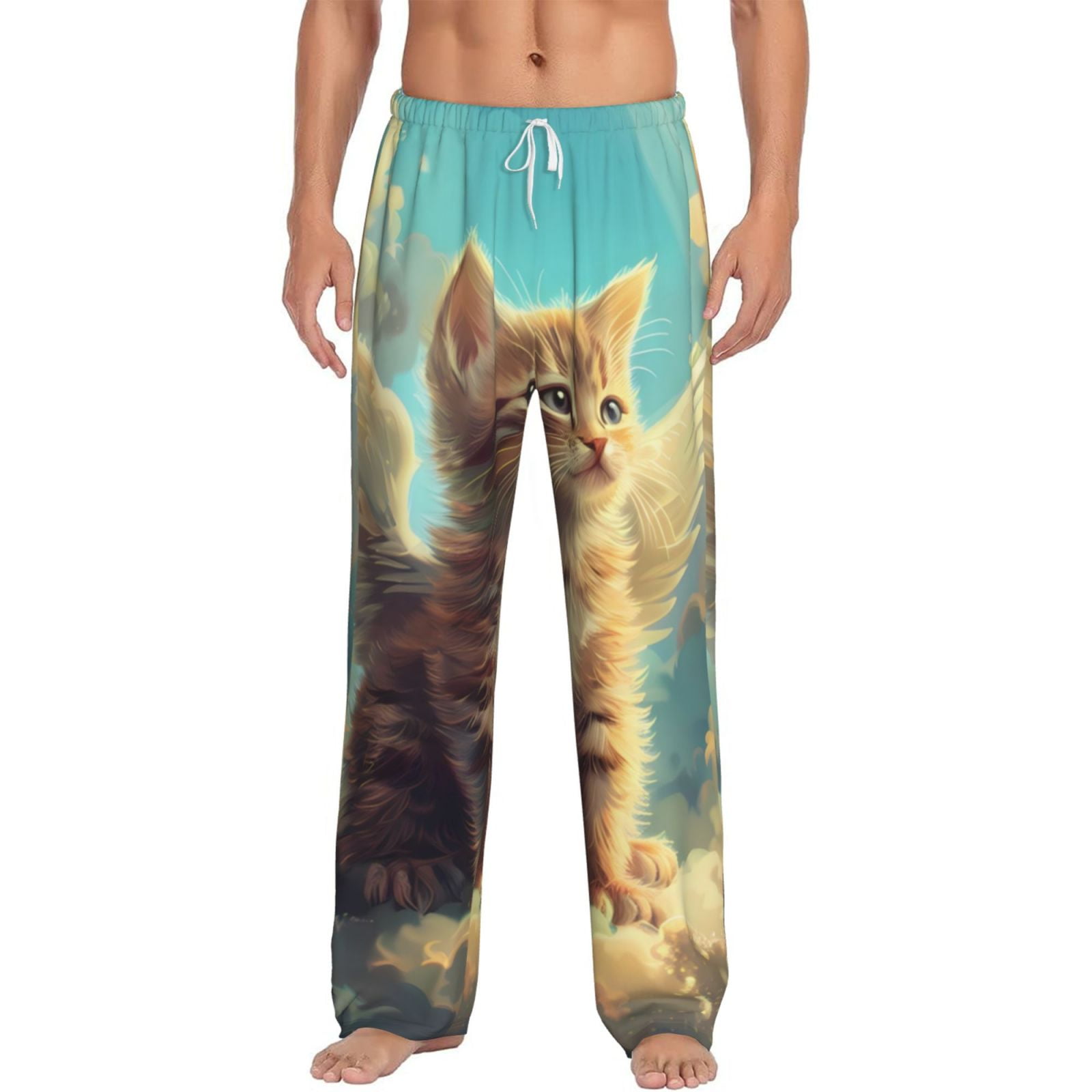 Salouo Sunshine Cloud Cute Cat Print Pajama Pants for Men, Lounge Pants Elastic Waistband Casual ...