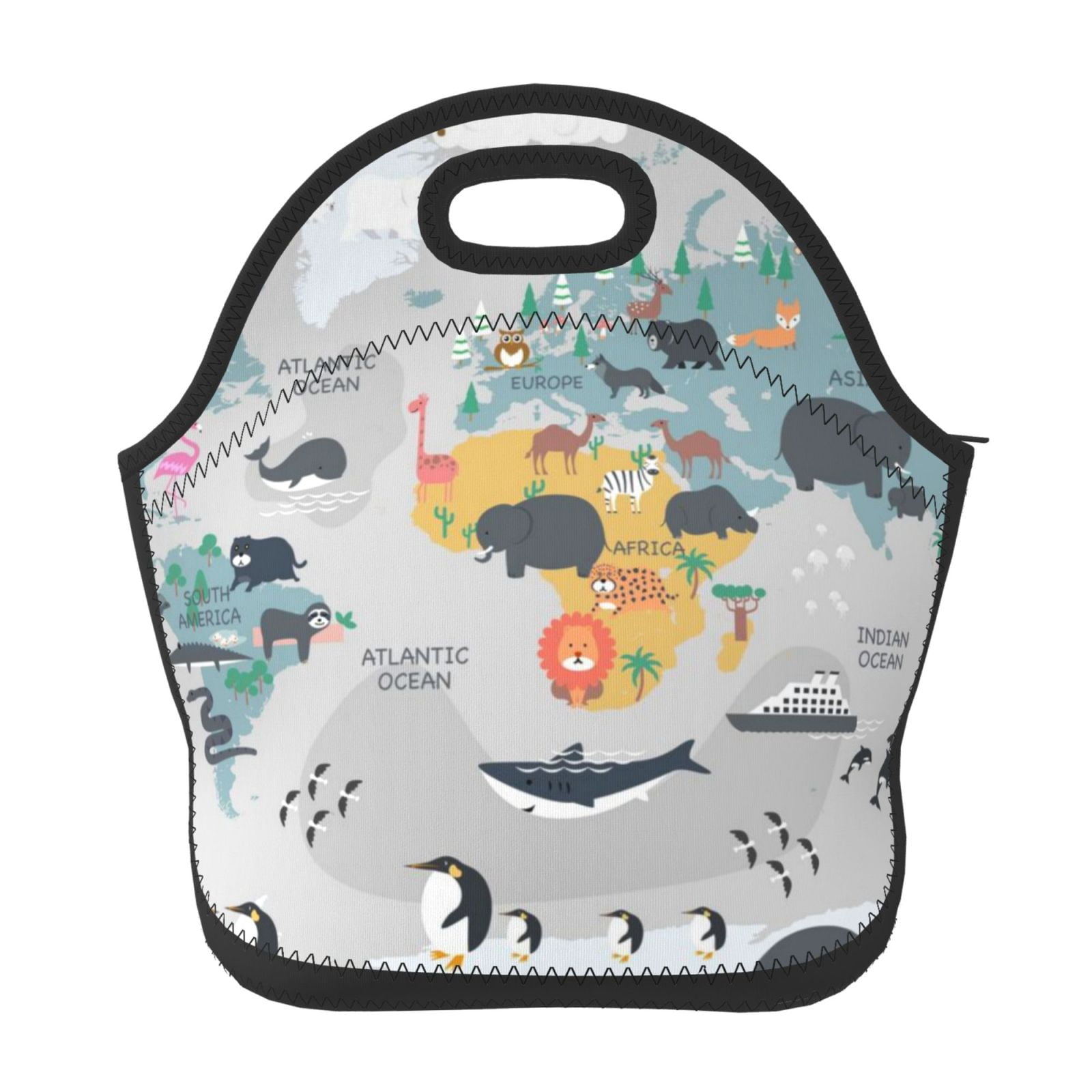 Salouo The World Map with Cartoon Animals for Lunch Tote,Lunch Bag ...