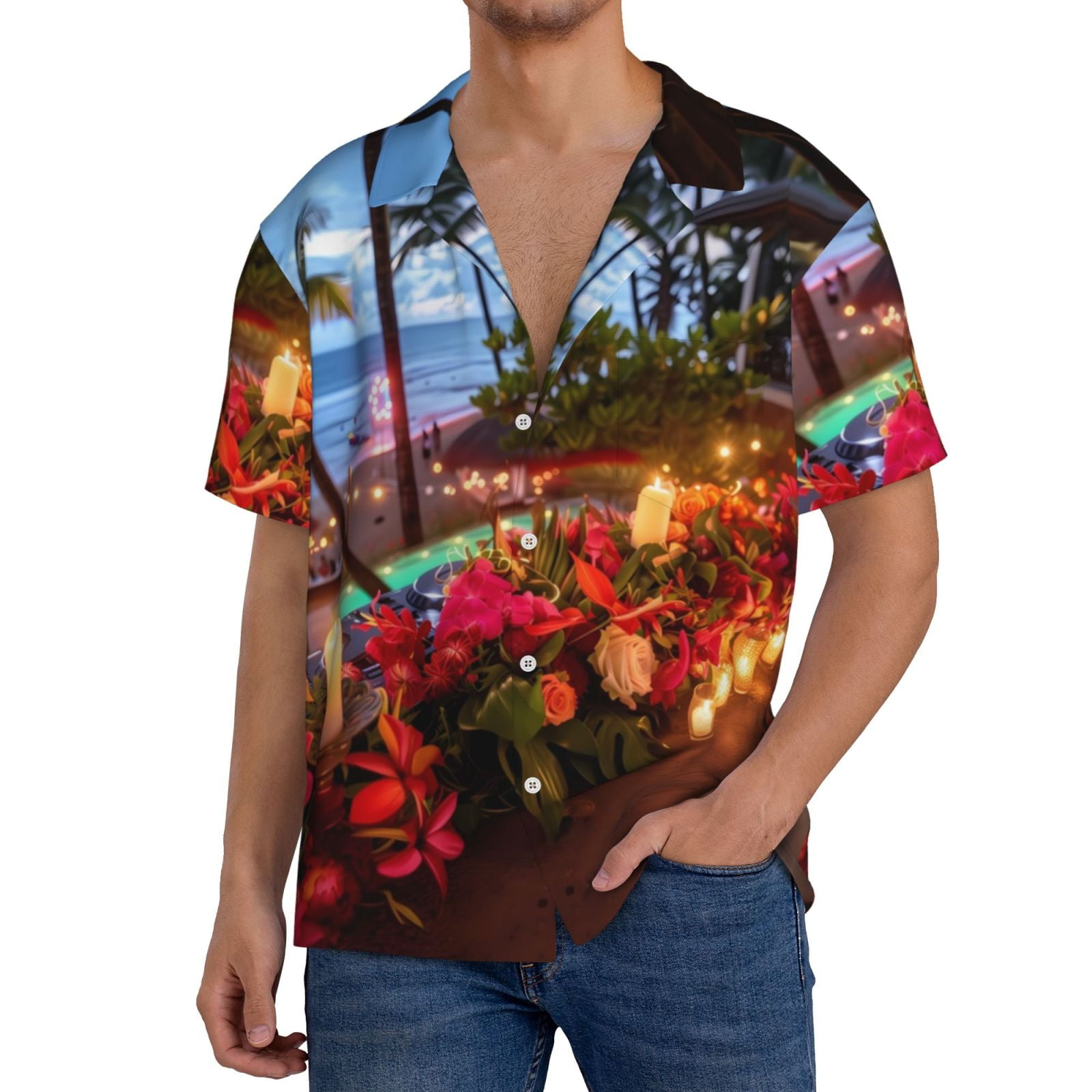 Salouo Tropical Beach Candlelight Pattern Cuban Collar Shirts for Men ...