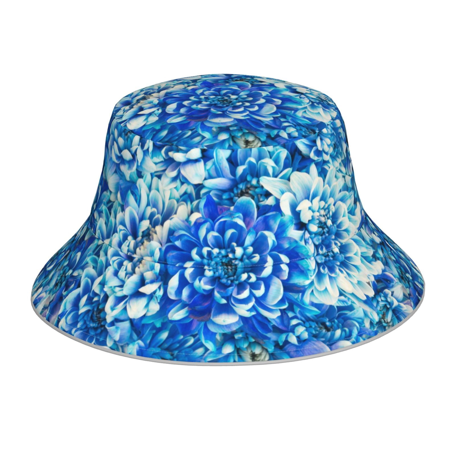 Salouo Vibrant Blue Floral Print Unisex Bucket Hat, Outdoor Summer ...