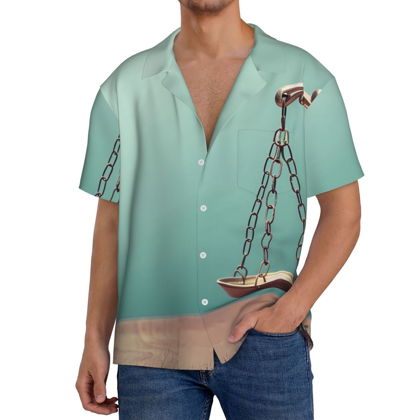 Salouo Vintage Brass Balance Scale Pattern Cuban Collar Shirts for Men ...