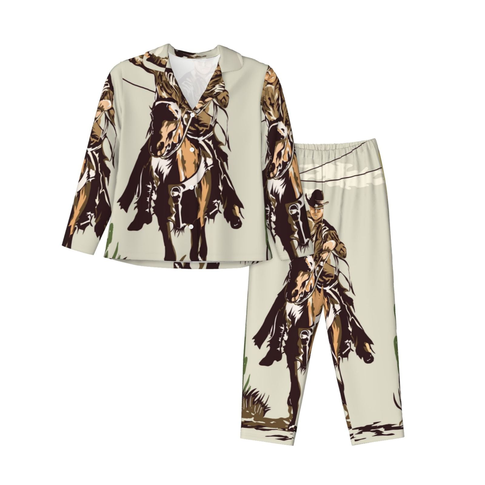 Salouo Vintage Cowboy Riding Horse Pattern Women's Pajamas Set Long ...