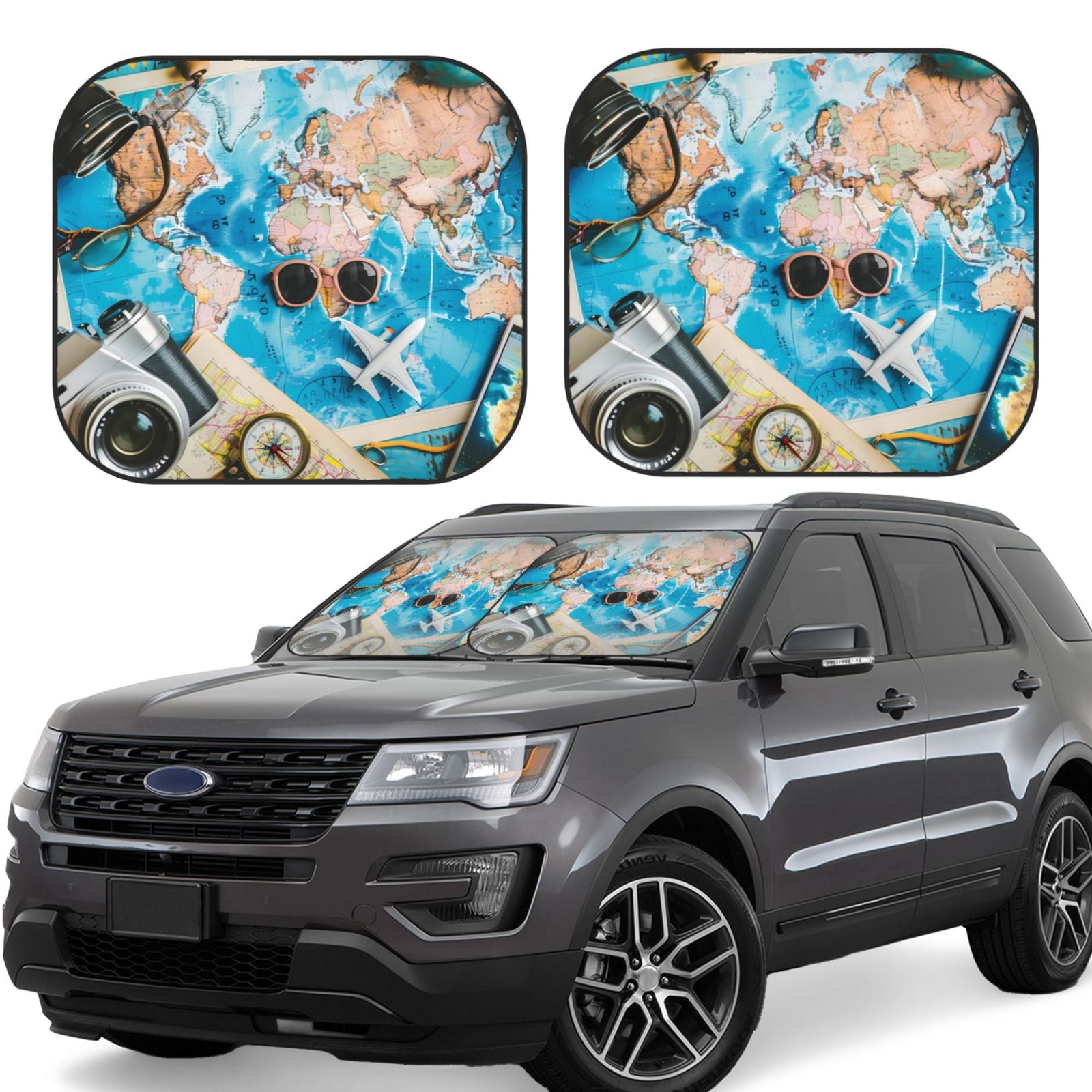 Salouo Vintage Map Travel Essentials Pattern Car Windshield Sun Shade ...