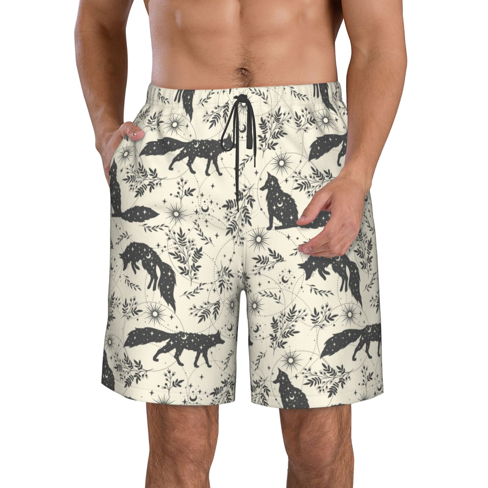 Salouo Vintage Moon Fox Pattern Swim Trunks for Men,Men's Hawaiian ...