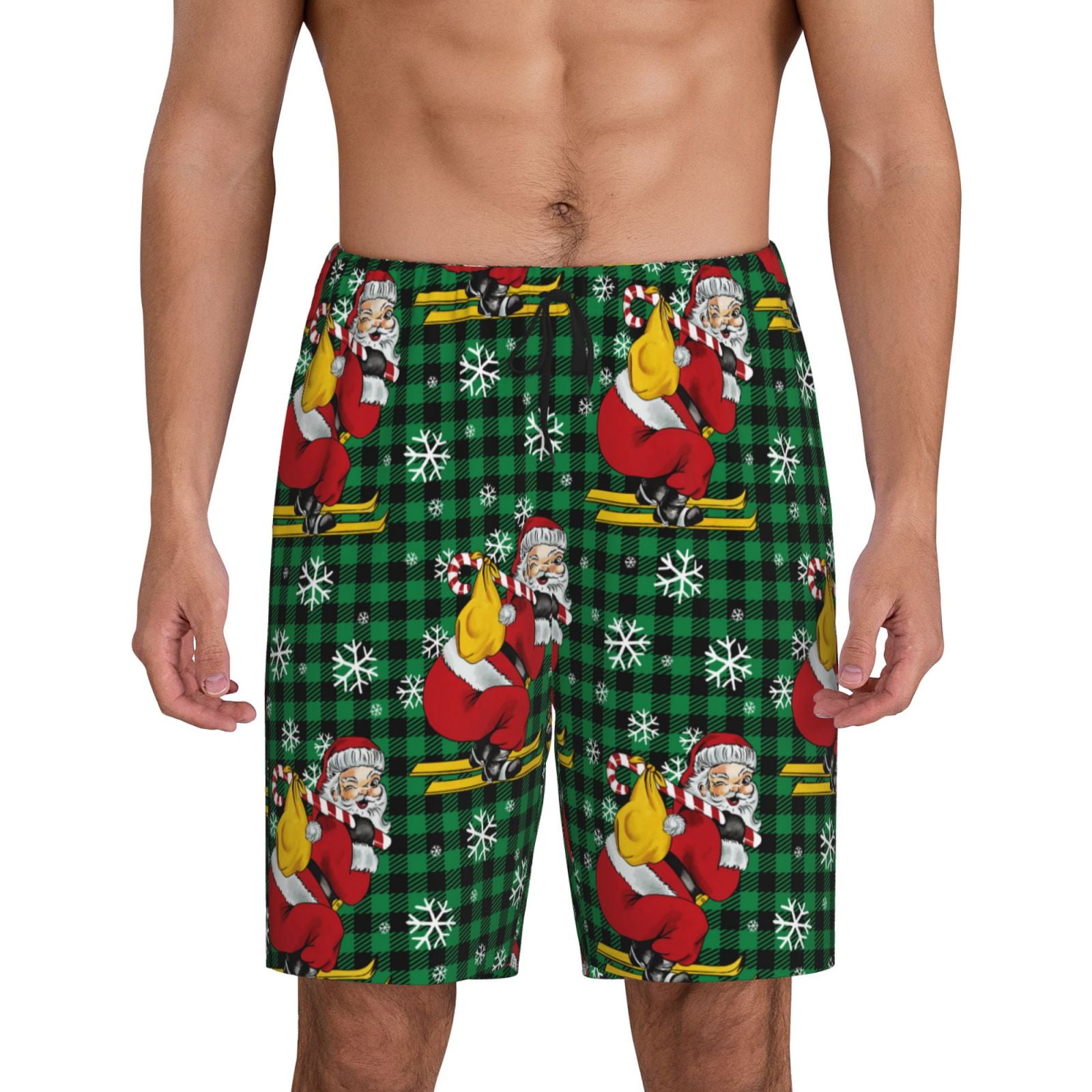 Salouo Vintage Santa Skiing Green Plaid Pattern Men's Sleep Pajama ...