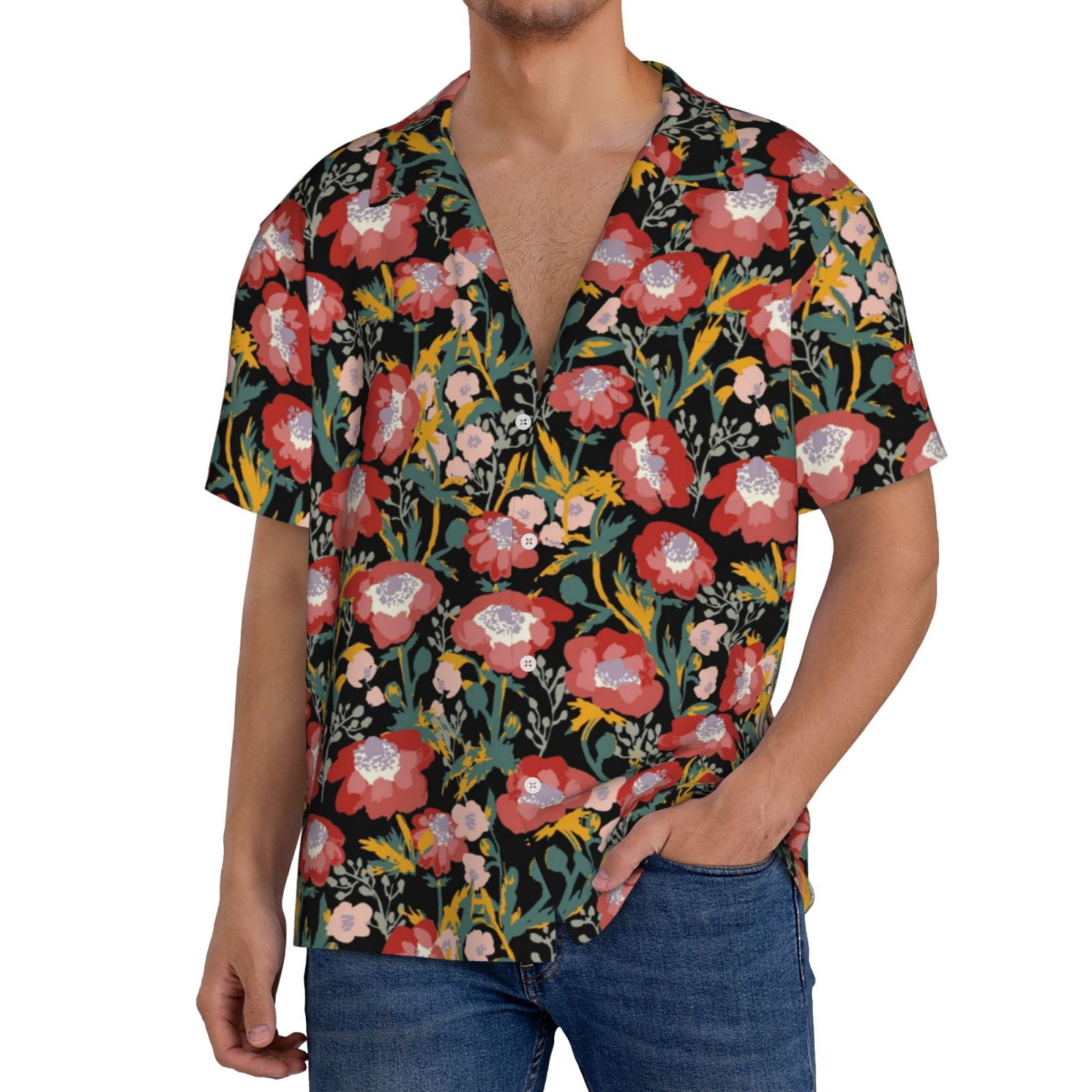 Salouo Watercolor Red Wildflowers Pattern Cuban Collar Shirts for Men ...