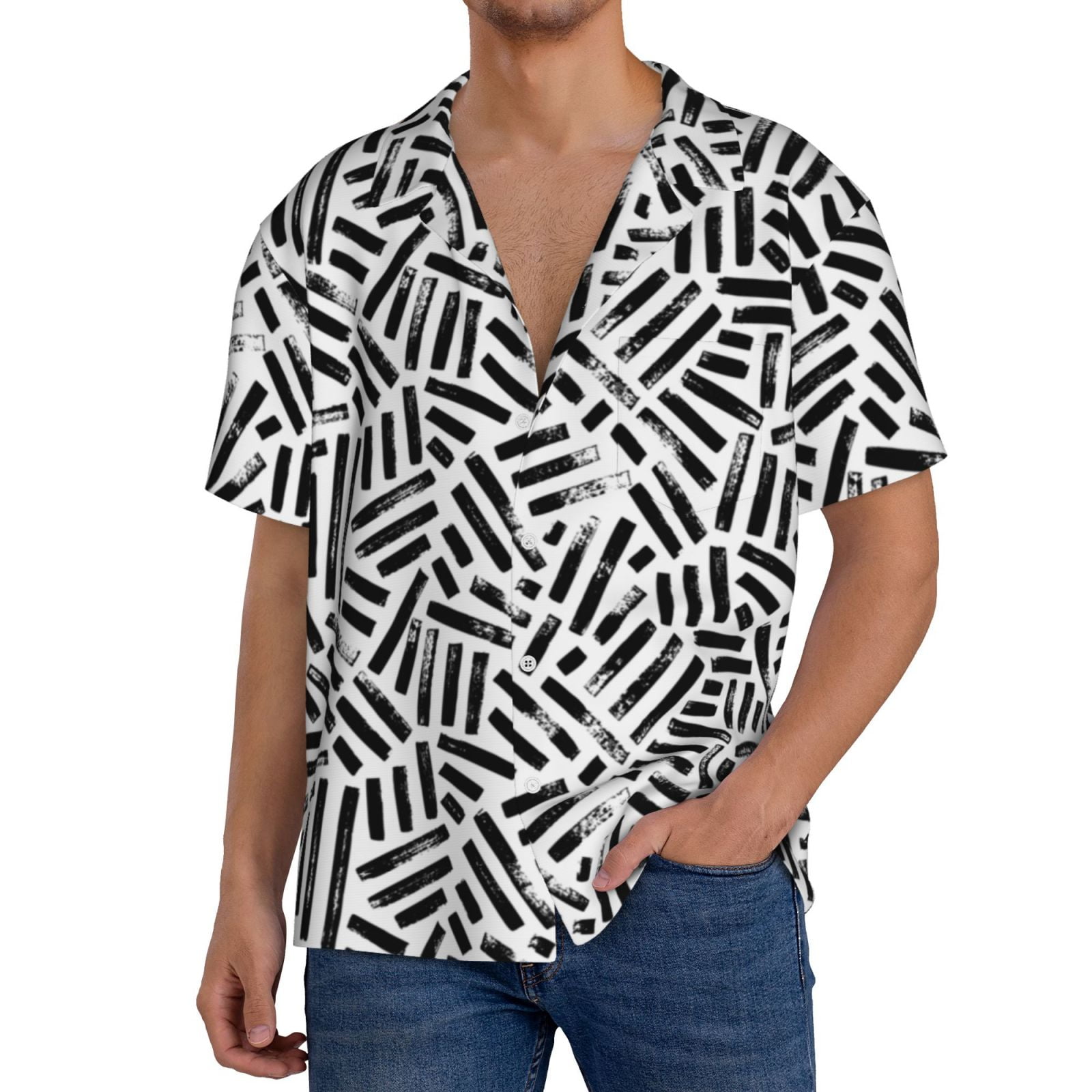 Salouo Weave Geometric Pattern Cuban Collar Shirts for Men Button-Down ...