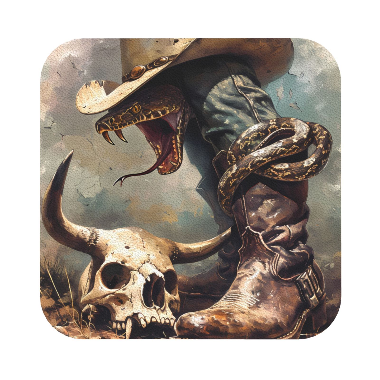 Salouo Western Cowboy Snake Ram Skull Print Round Coaster,Drink ...