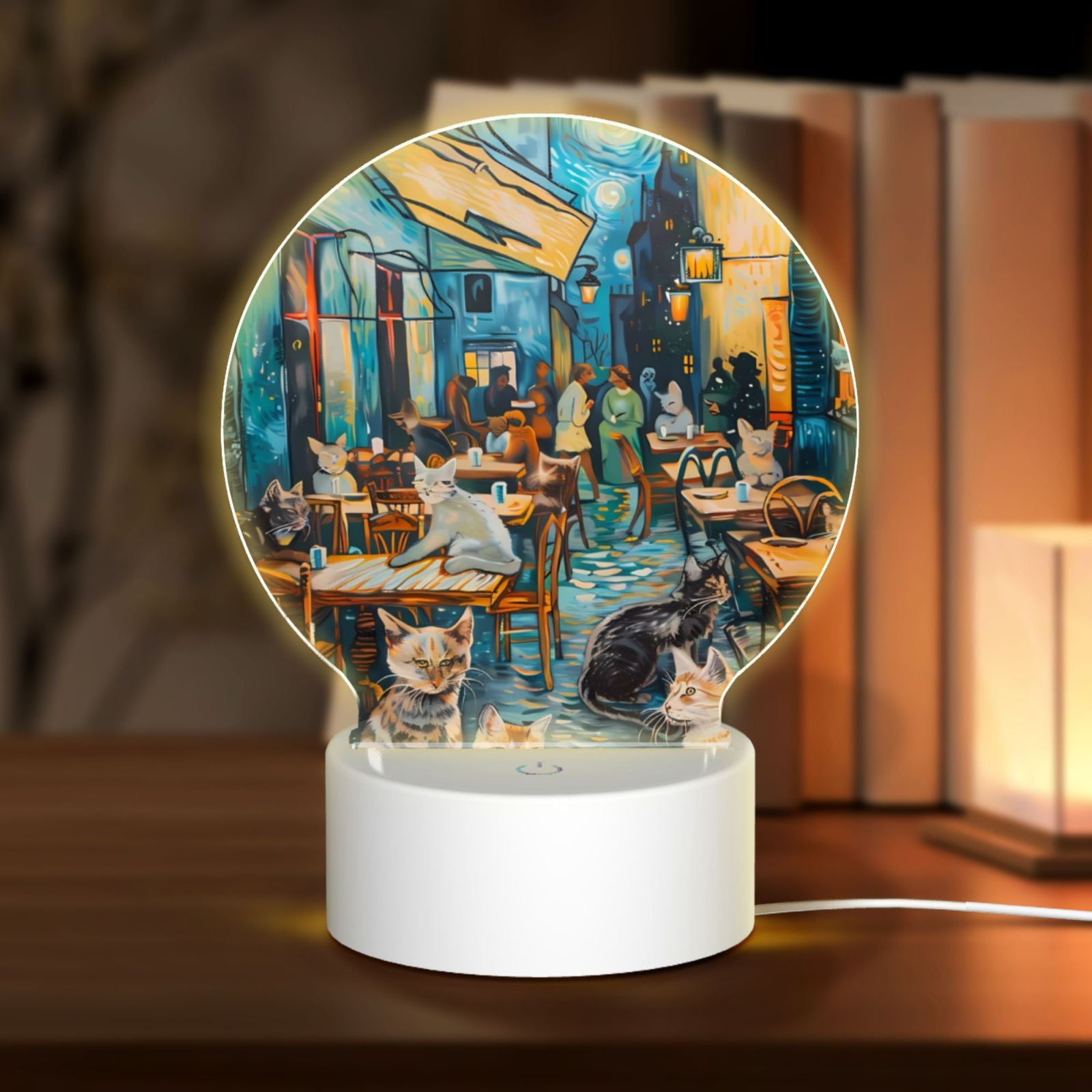 Salouo Whimsical Cats Night Cafe for Round Acrylic Night Light ...
