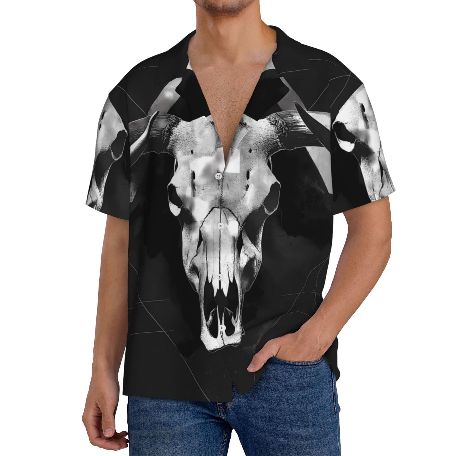 Salouo White Black Sheep skull Pattern Cuban Collar Shirts for Men ...