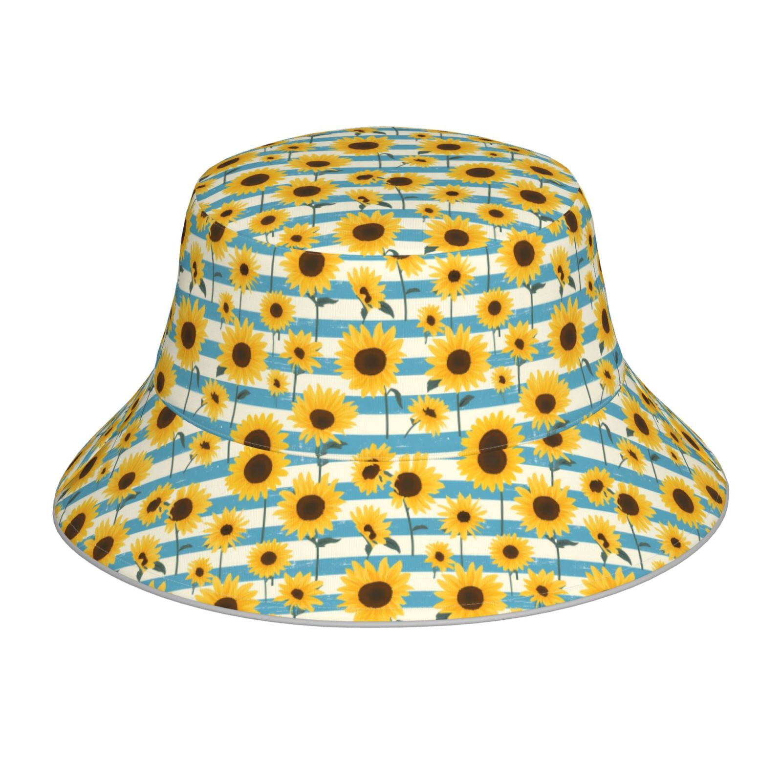 Salouo White Blue Striped Sunflower Print Unisex Bucket Hat, Outdoor ...