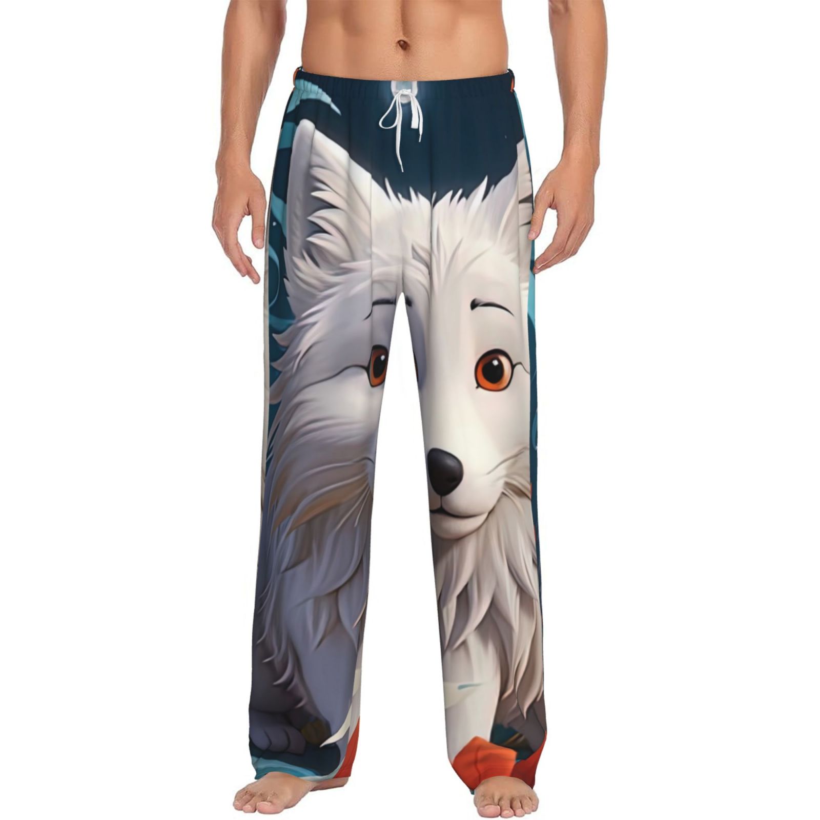 Salouo White Wolf With Flowers Print Pajama Pants for Men, Lounge Pants ...