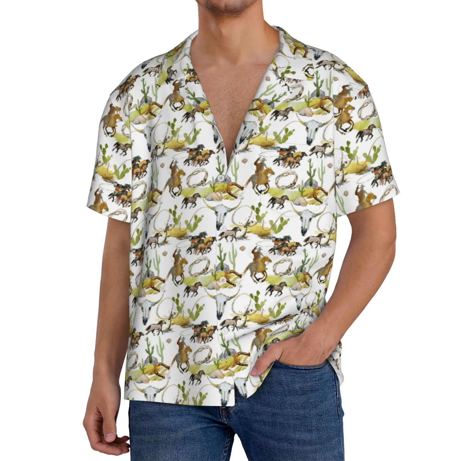 Salouo Wild West Western Pattern Cuban Collar Shirts for Men Button ...