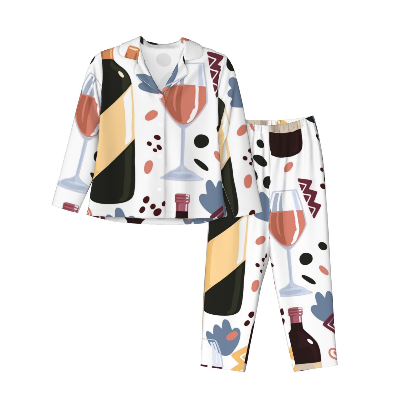 Salouo Wine Bottles Glasses Pattern Women's Pajamas Set Long Sleeve ...