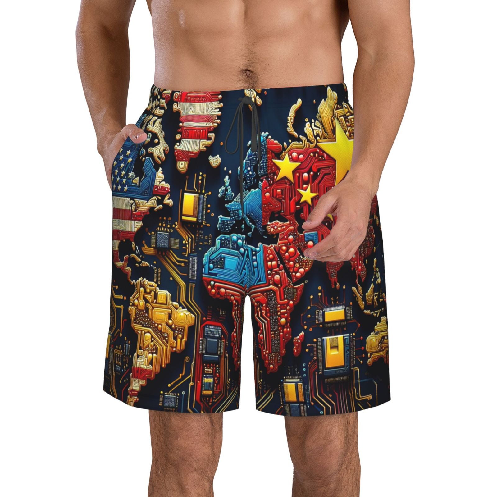 Salouo World Map Of Digital Circuits Pattern Swim Trunks for Men,Men's ...