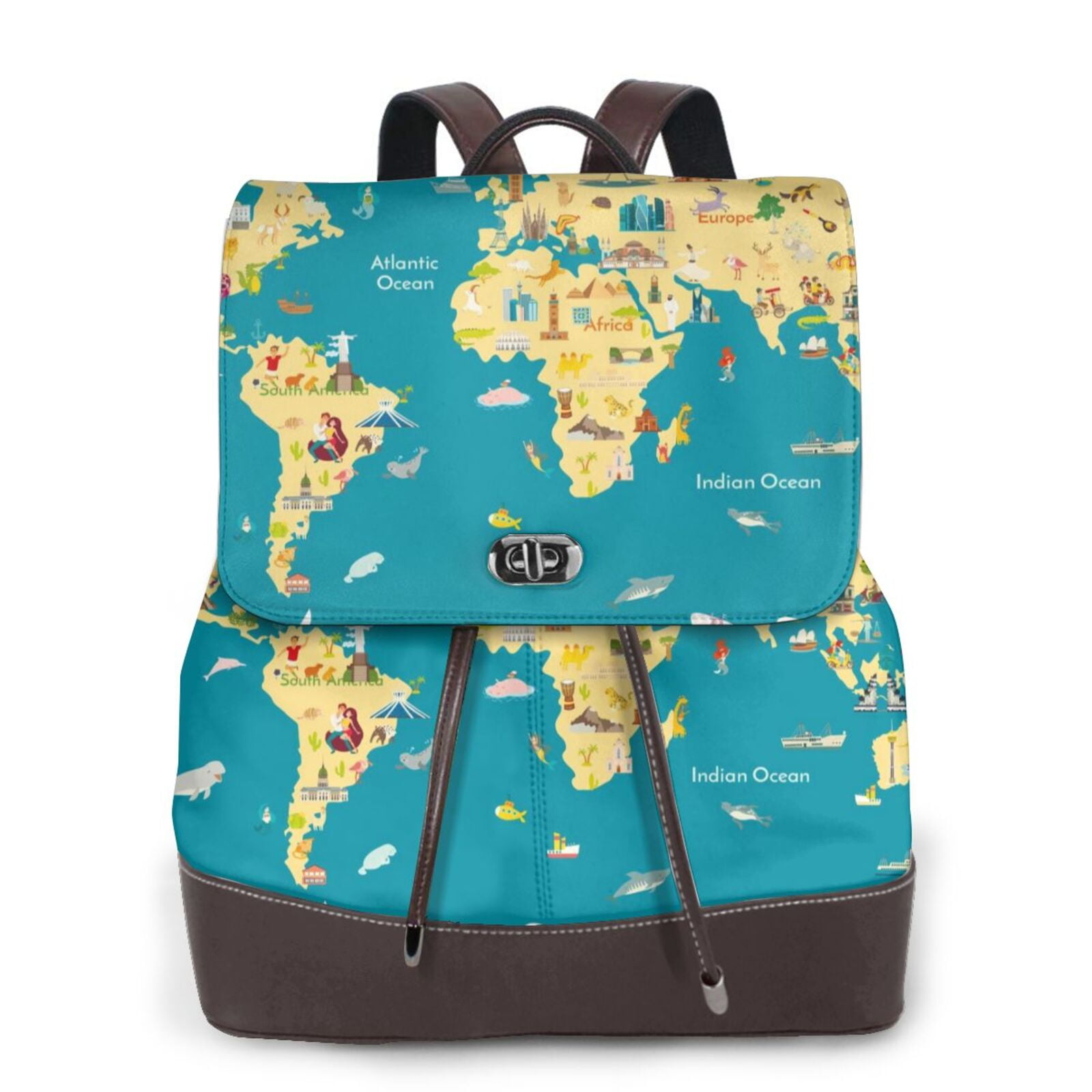 Salouo World Map With Landmarks Pattern PU Leather Backpack,Purse for ...